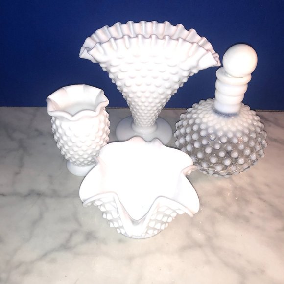 Accents | Fenton White Milk Glass Hobnail 4 Pc Fan Vase Perfume Bottle ...
